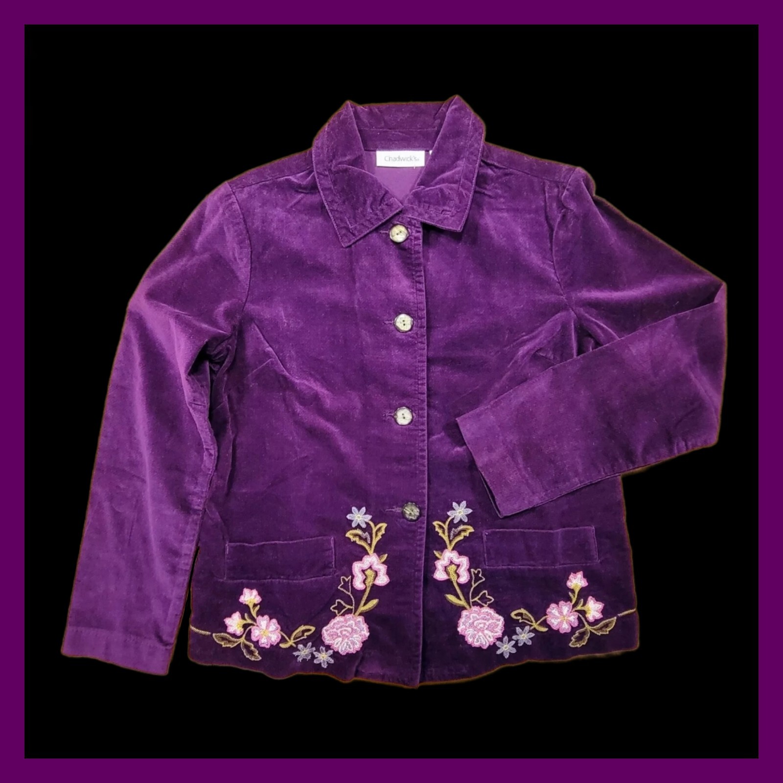 CHADWICKS EMBROIDERED FLORAL VELVET JACKET Plum Purple Velour GREEN ...