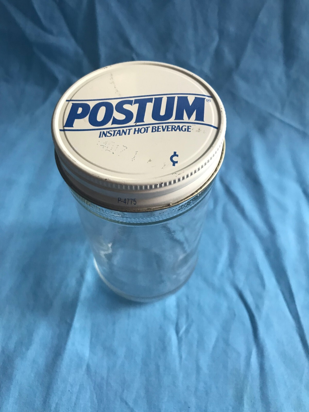 Vintage Postum Hot Beverage Coffee Glass Jar w/ White Metal Cap & Blue ...