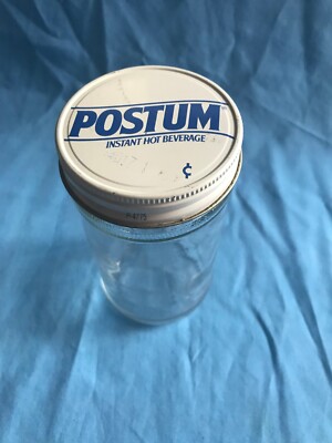 Vintage Postum Hot Beverage Coffee Glass Jar w/ White Metal Cap & Blue ...
