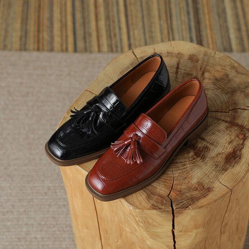 Womens Leather Tassels Block Heels Shoes Dress Casual Work Loafers ...