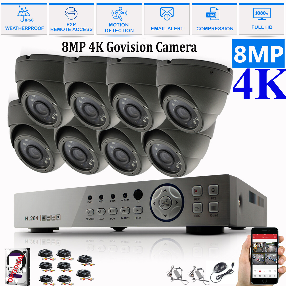 8MP CCTV System 4CH 8CH 4K Ultra HD DVR Dome Camera Home Security Kit ...