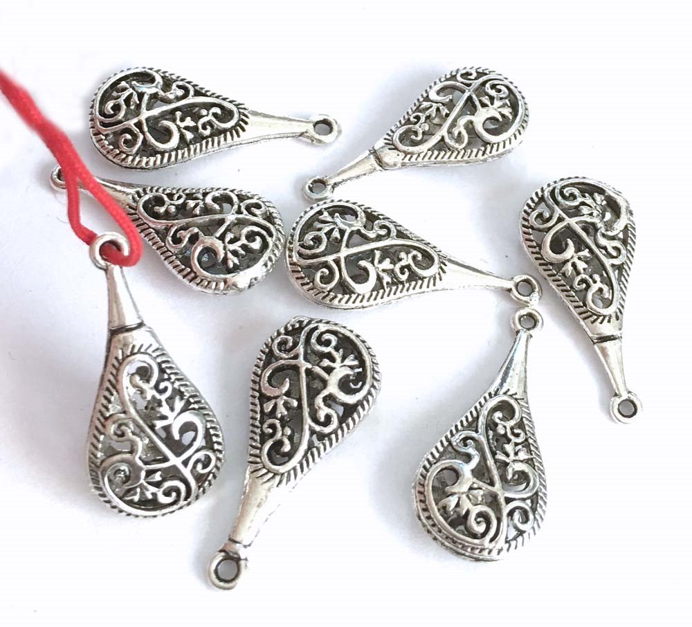 8 Silver Pewter Pipa Teardrop Filigree Charm Pendant 30mm | eBay