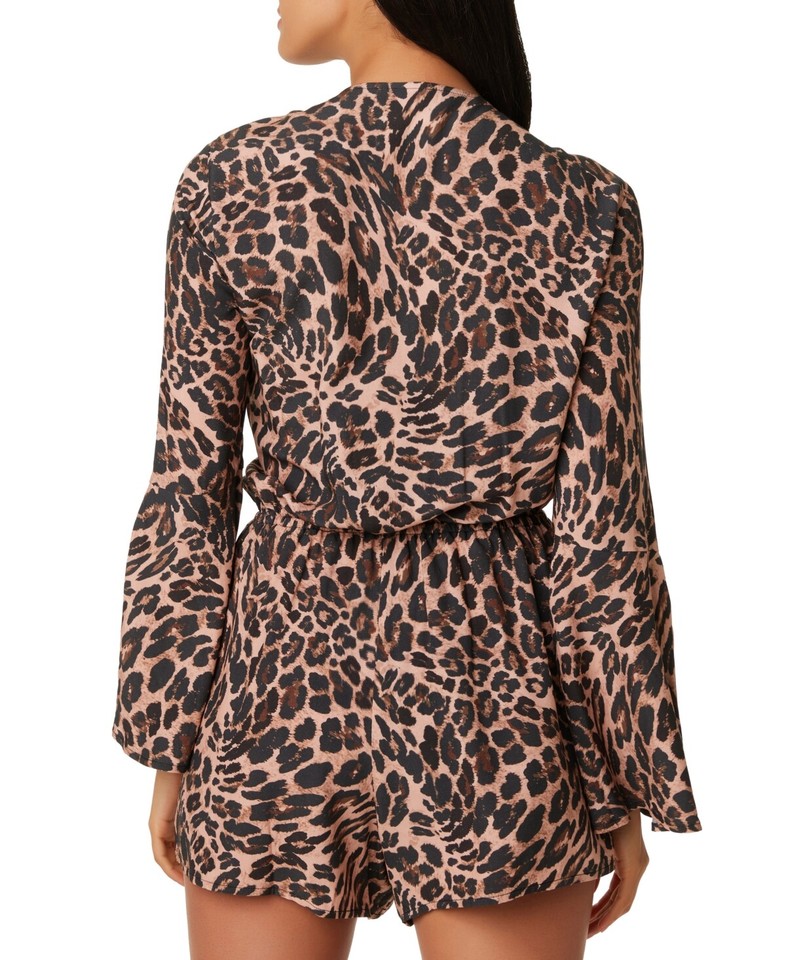Bar Iii Women's Beach Cheetah Knot-Front Long-Sleeve Romper Cover-Up ...