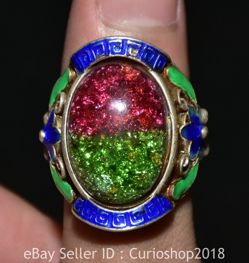 1.2" Rare Old Chinese Cloisonne Silver Inlay Color Gem Flower Figure ...