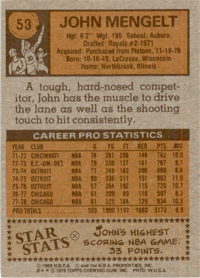 1978-79 Topps Basketball John Mengelt (B) Chicago Bulls #53 | eBay