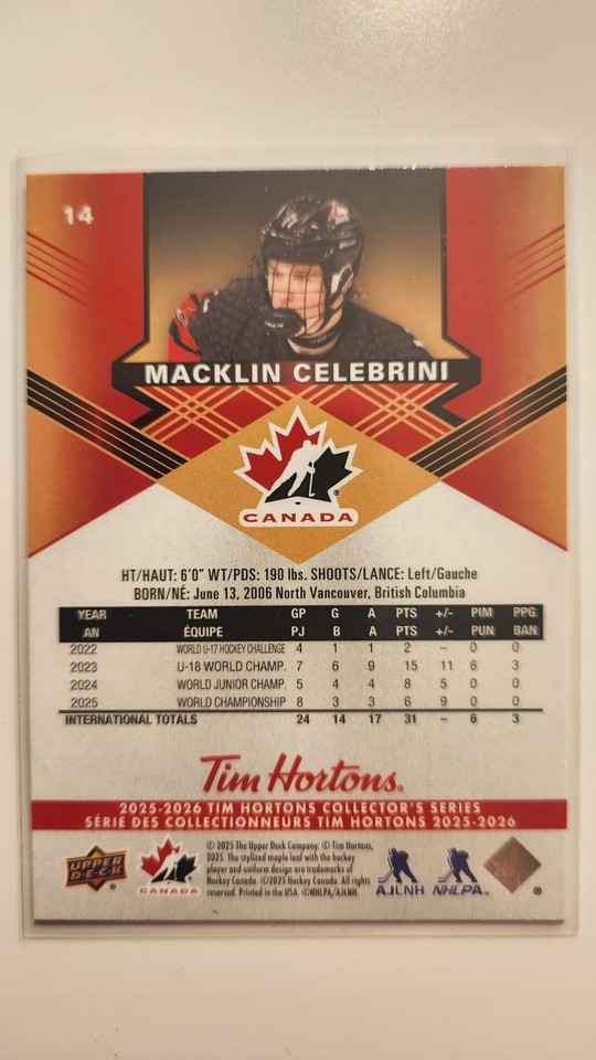 #14 Macklin Celebrini 2025-26 Upper Deck Tim Hortons Team Canada | eBay