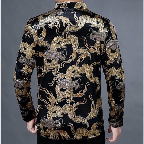 Men Velvet Shirt Chinese Gold Dragon Print Retro Animal Pattern Long ...