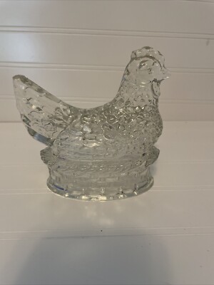 Vintage Hen on Nest Chicken Glass Candy Container Clear Easter Kitchen ...