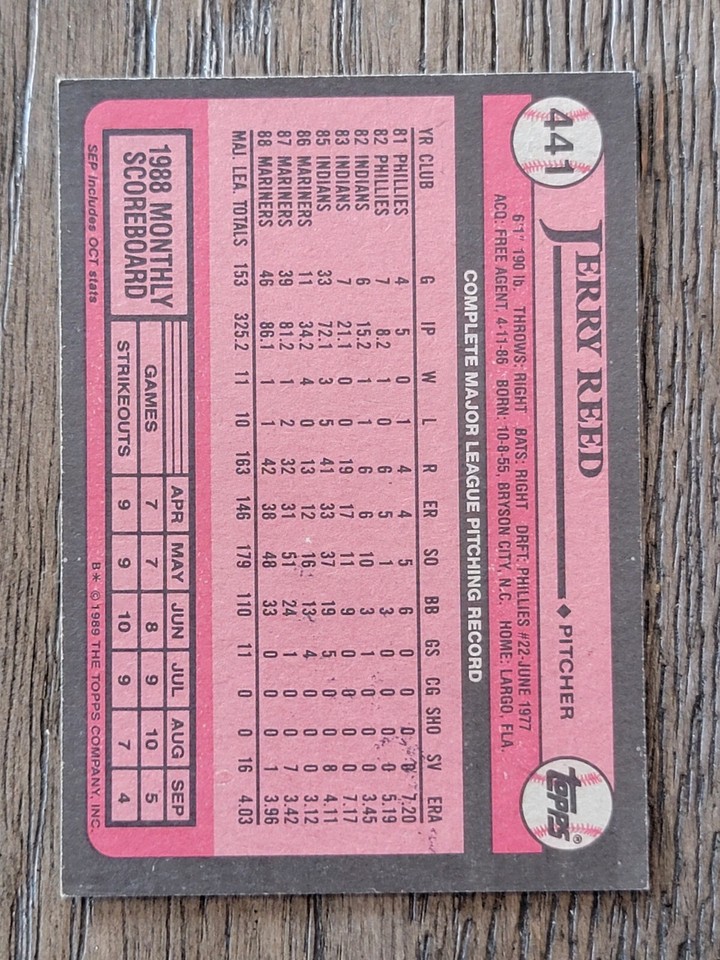 JERRY REED MLB Mariners 1989 Topps Auto Autographed Signed #441 Card ...