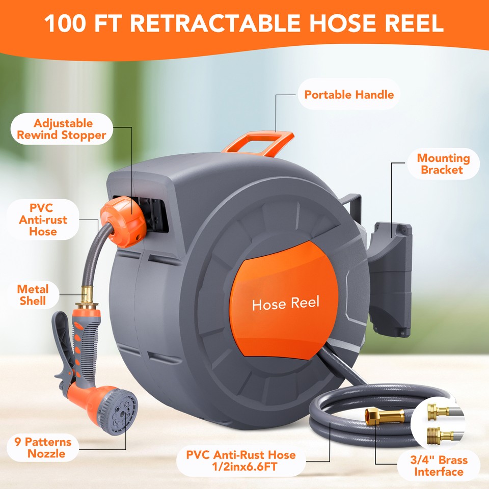 1/2 inx72/100 ft Wall Mounted Retractable Garden Hose Reel w/ 9 ...