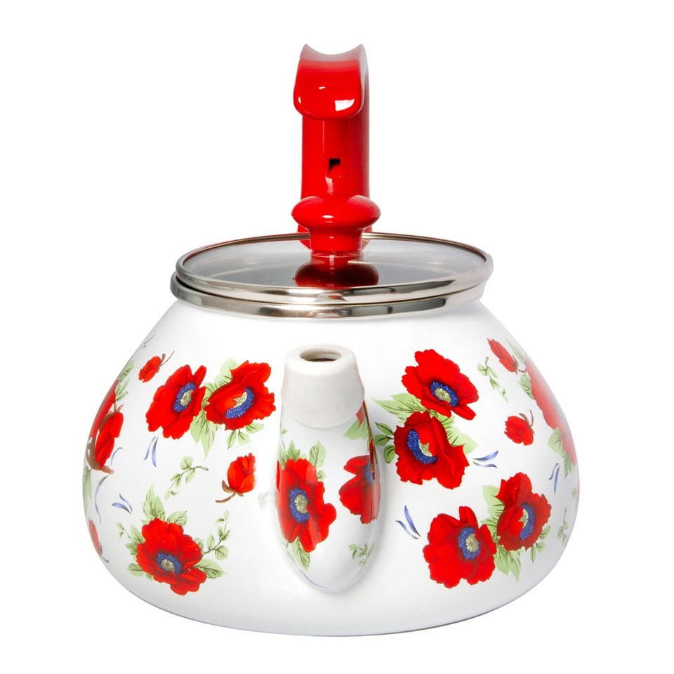 POPPY FLOWERS ENAMELED KETTLE - Red Enamel Tea Pot All Stove Enamelware ...