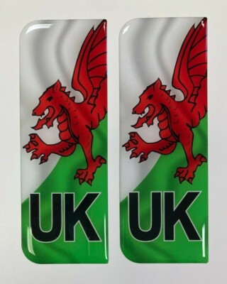 UK Pair of Waving Wales Flag Number Plate Stickers Super Shiny Domed ...