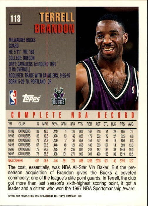 1997-98 Topps Milwaukee Bucks Basketball Card #113 Terrell Brandon | eBay
