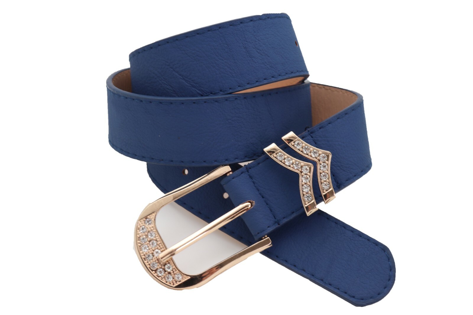 Women Classy Fashion Belt Blue Faux Leather Gold Bling Metal Buckle Fit ...