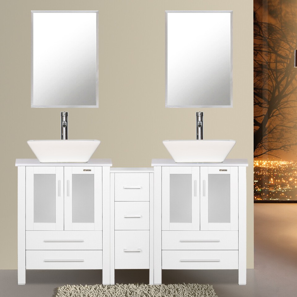 60" White 2 Bathroom Vanity Cabinet Set Vessel Glass/Ceramic Sink No ...