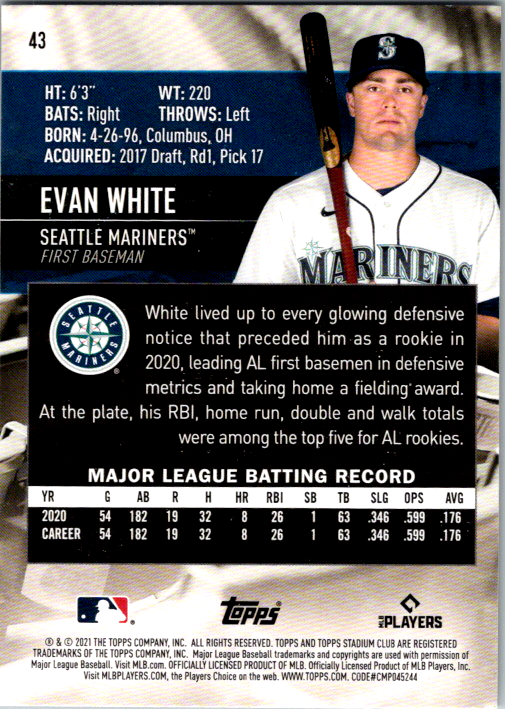 Evan White 2021 Stadium Club #43 Seattle Mariners | eBay