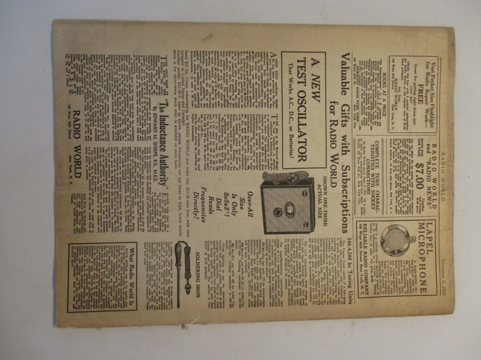 RADIO WORLD MAGAZINE DECEMBER 2, 1933 SHORT WAVE A-C RECEIVER VINTAGE ...