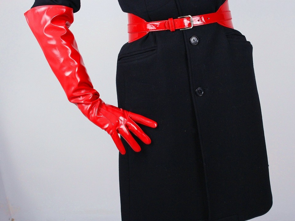 Shine Red Gloves Faux Patent Leather Extra Long 60cm Cosplay Costume ...