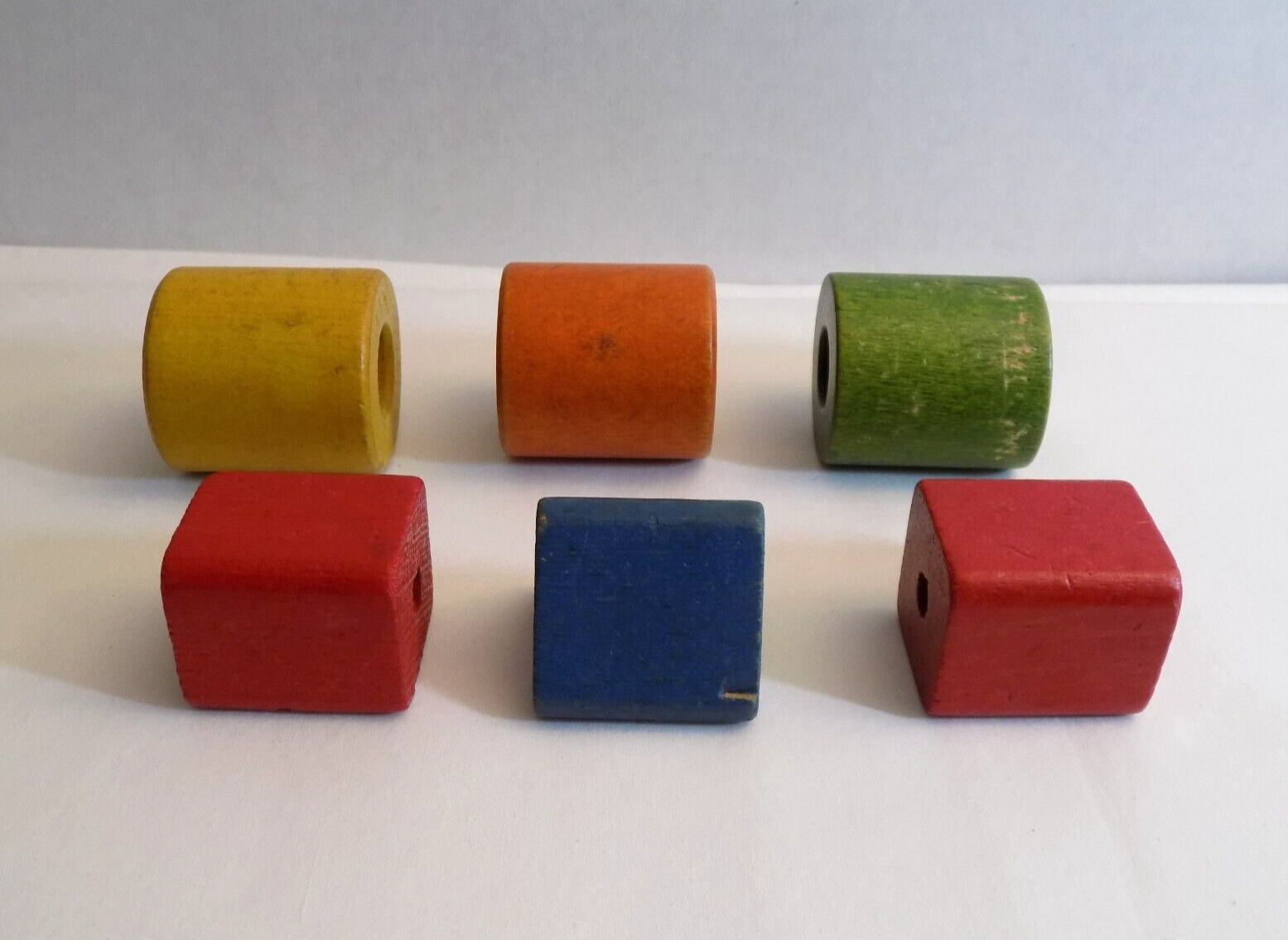 6 Vtg Wooden Building Block Toy Color Wood Shapes Cylinder Rectangle ...