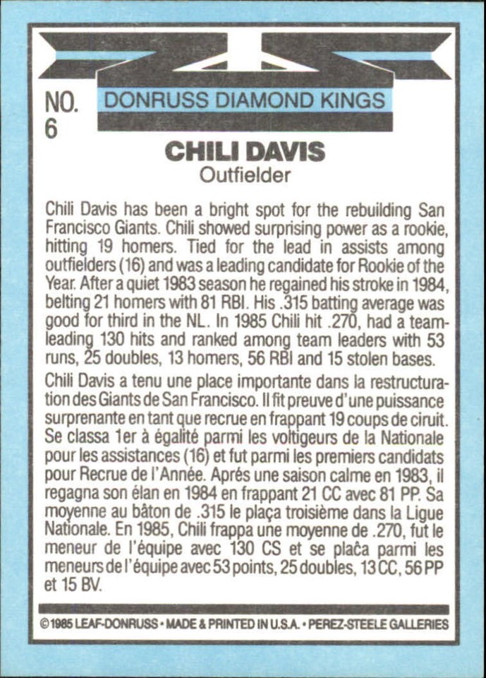 1986 Leaf/Donruss San Francisco Giants Baseball Card #6 Chili Davis DK ...