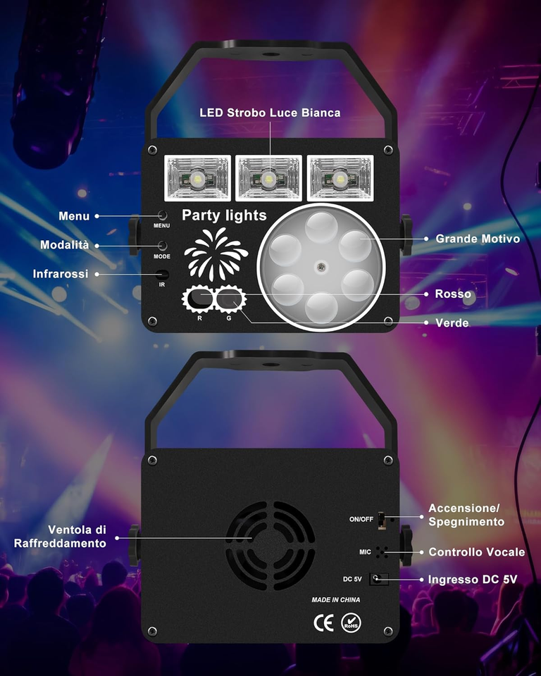 Luci Discoteca, Luce DJ LED Proiettore Musica E Strobo Controllata Luci ...