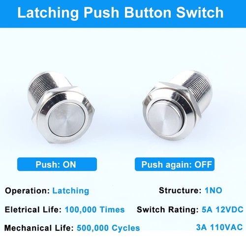 2-Pack 12mm Latching Metal Waterproof Push Button Switch Raised Head ...