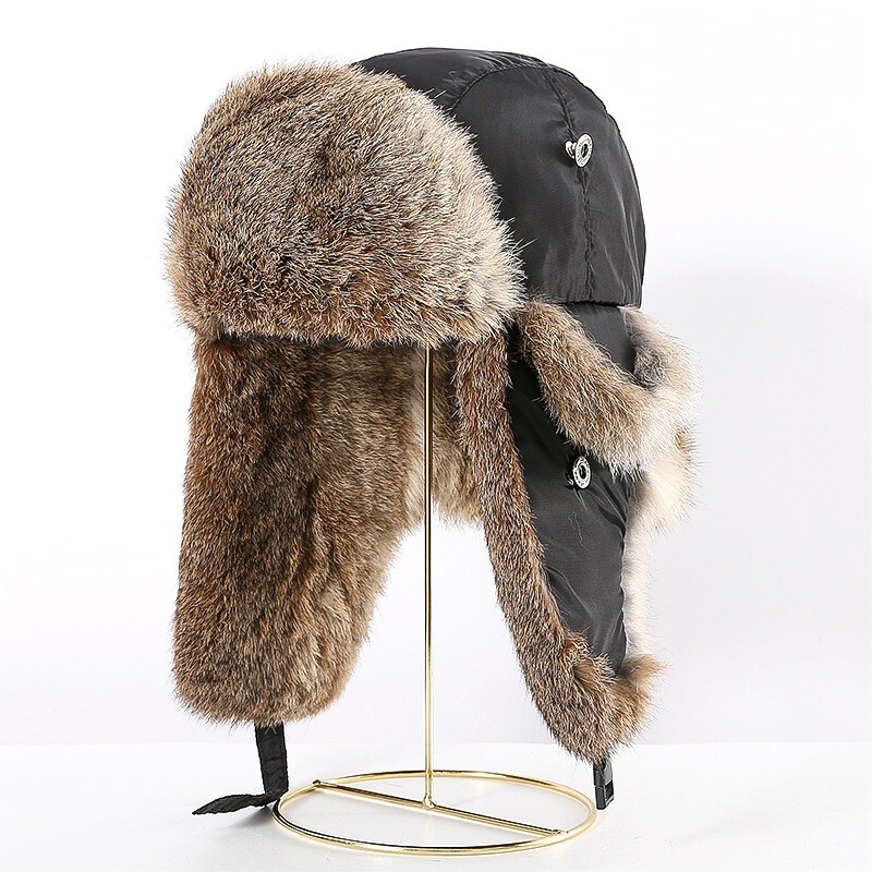 Unisex Winter Natural Rabbit Fur Hats Russian Earflaps Trapper Cap Warm ...