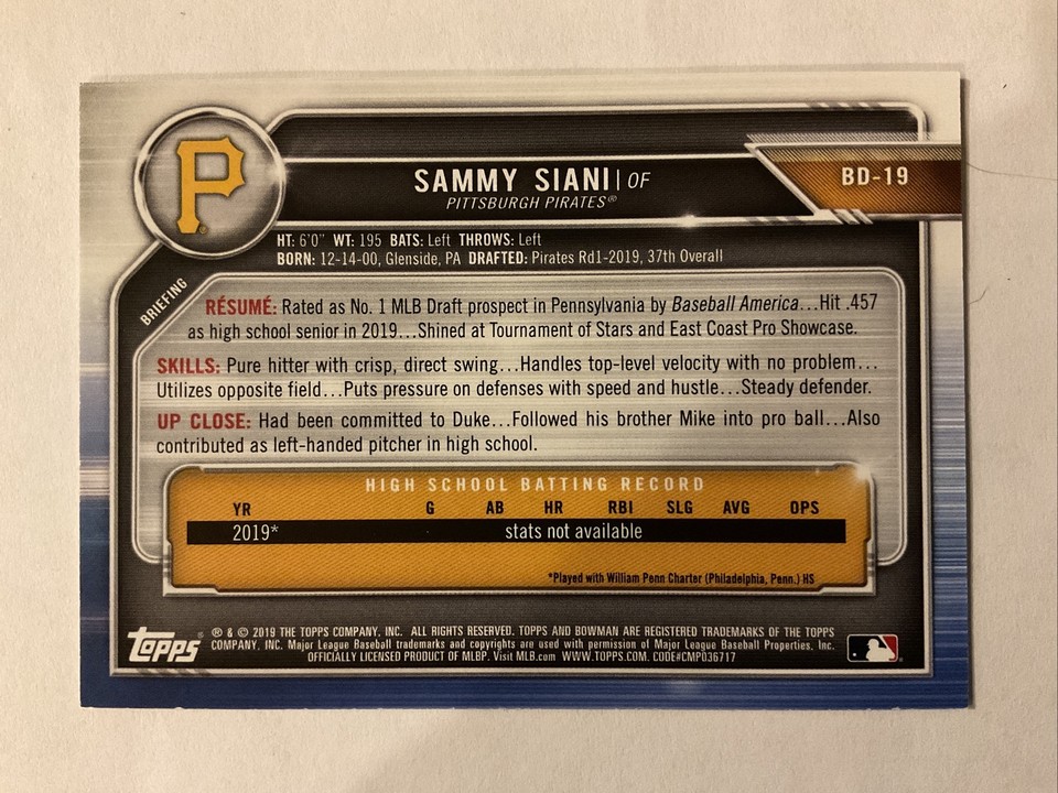 2019 Bowman Draft Blue SAMMY SIANI 1st Bowman Pittsburgh PIRATES #BD-19 ...