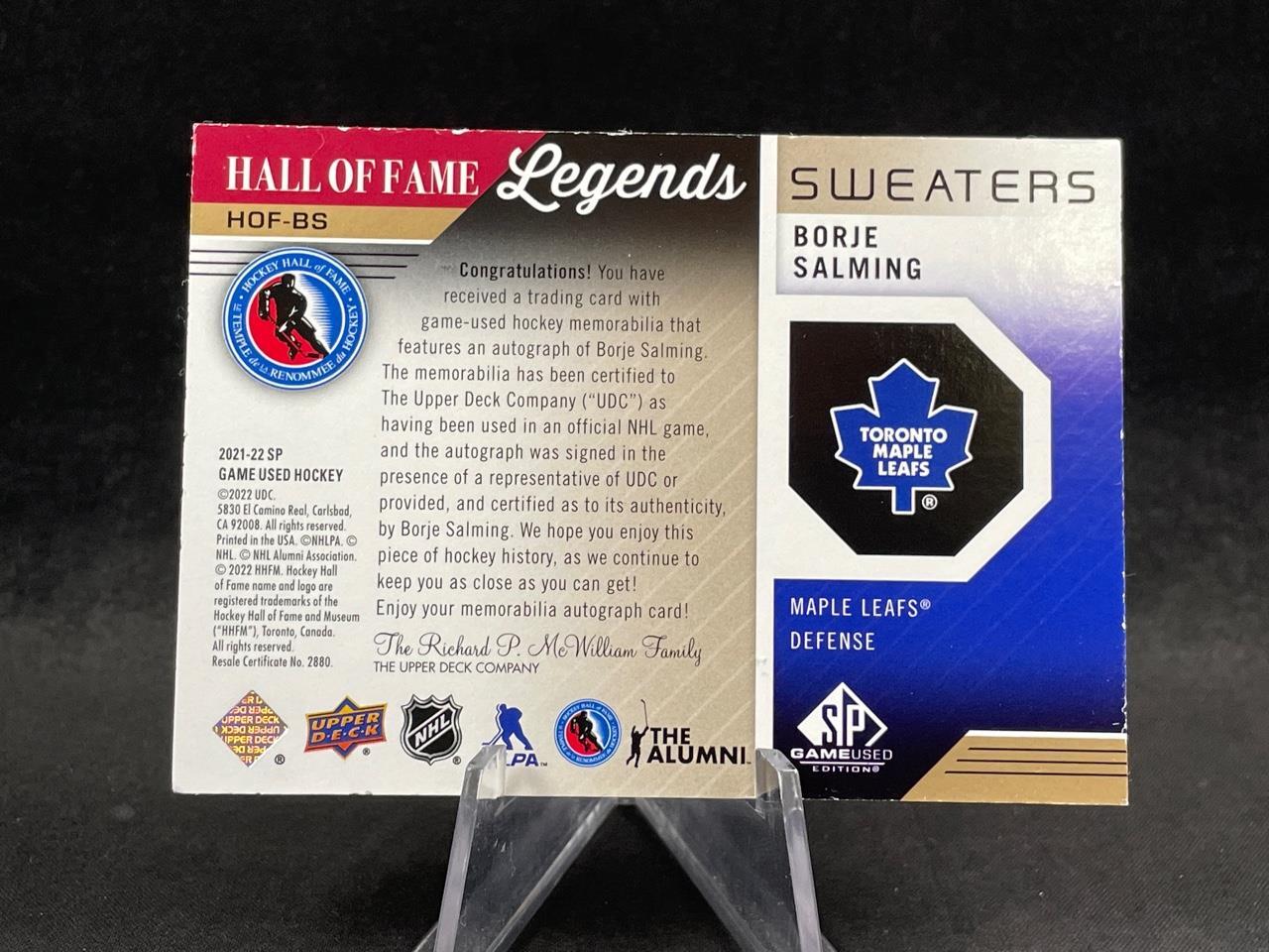 2021-22 UD SP GAME USED BORJE SALMING HALL OF FAME LEGENDS TAG PATCH ...