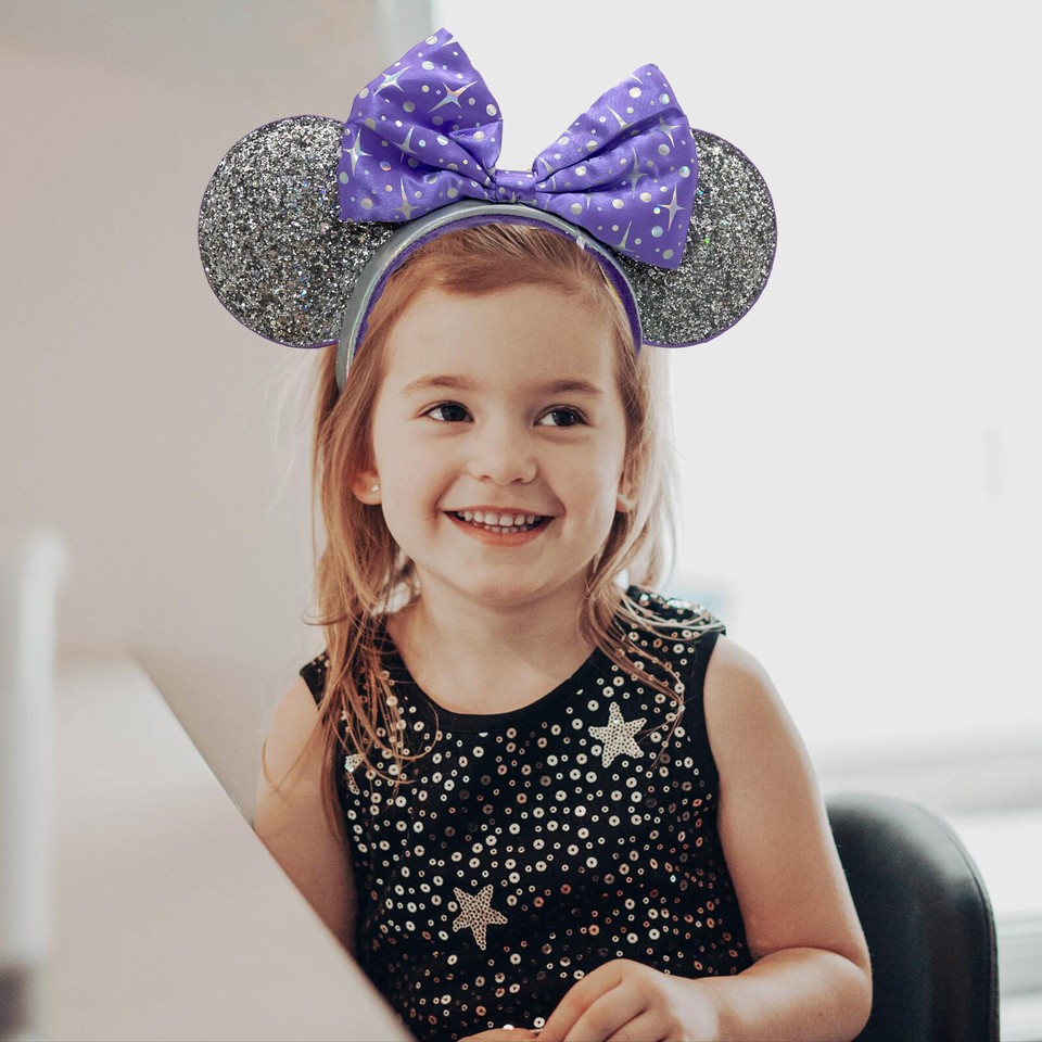 Disney~ Park blue sparkling star bow silver sequined Mickey Mouse ear ...