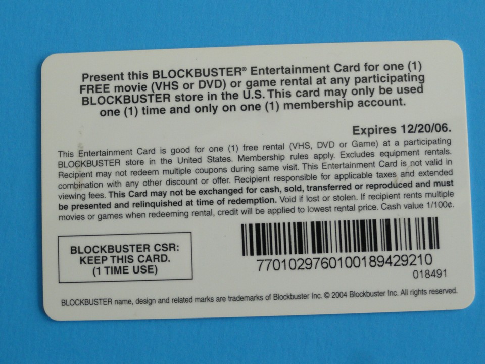 BLOCKBUSTER VIDEO GIFT CARD "1 GAME OR MOVIE RENTAL" 2005 -NO VALUE ON ...