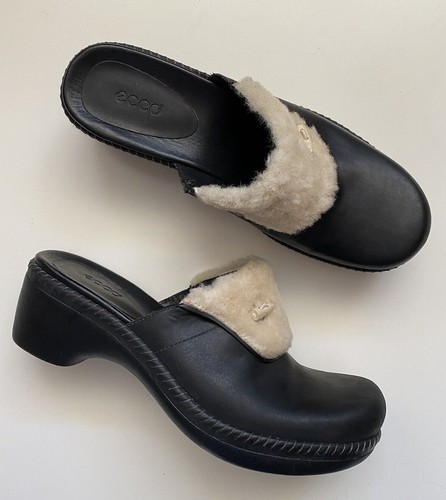 ECCO Wedge Heel Mules Clog Leather Black Women's Size 38 EU/7-7.5 US | eBay