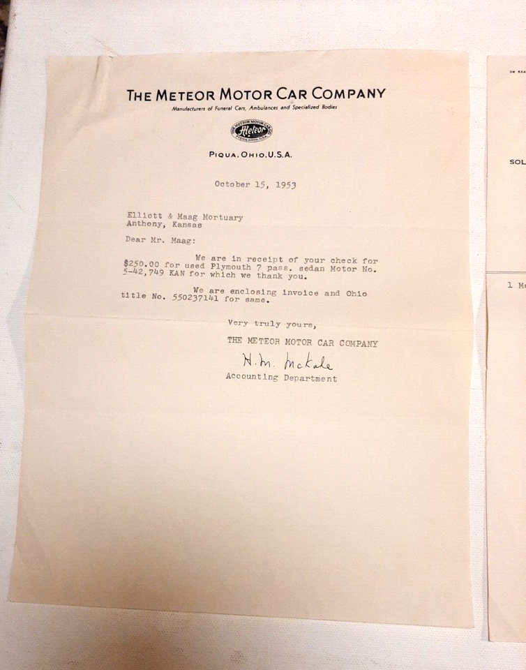Meteor Motor Car Company Piqua Ohio 2 Pieces Letterhead 1953 | eBay