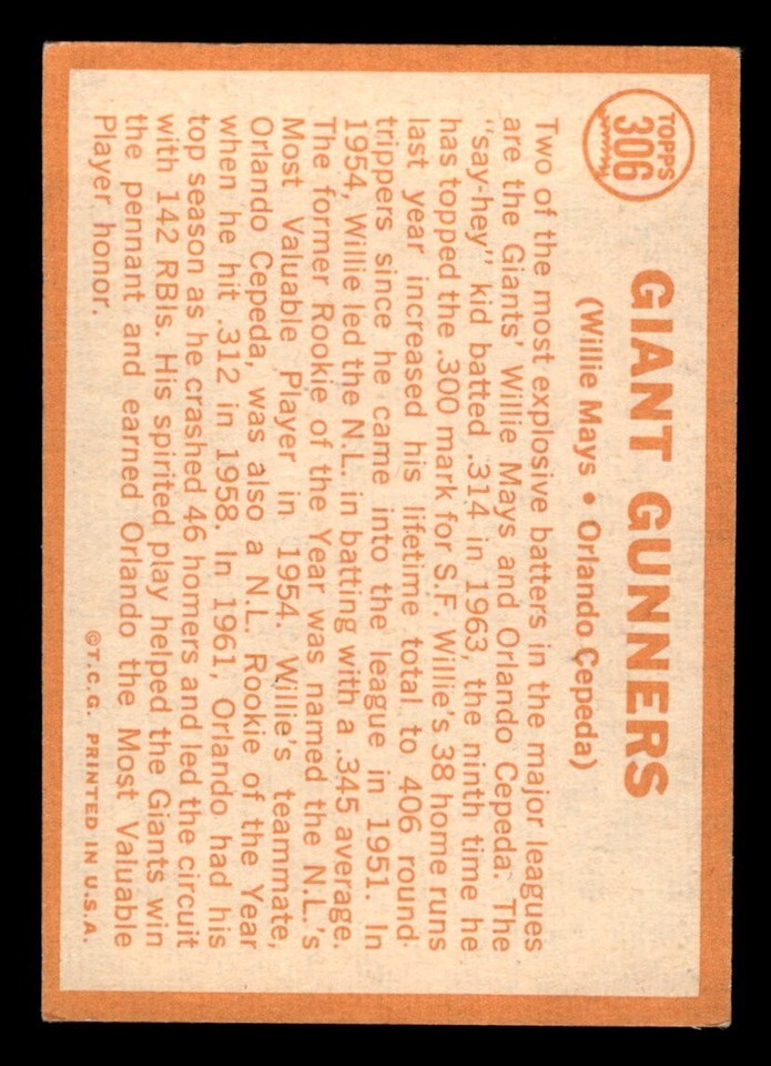 1964 Topps Baseball #306 Giant Gunners Mays Cepeda EX *d4 | eBay