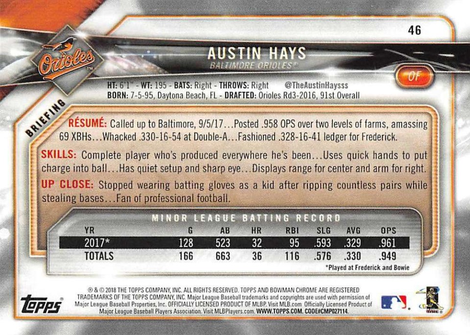 2018 Bowman #46 Austin Hays Orioles NM-MT (RC - Rookie Card) | eBay