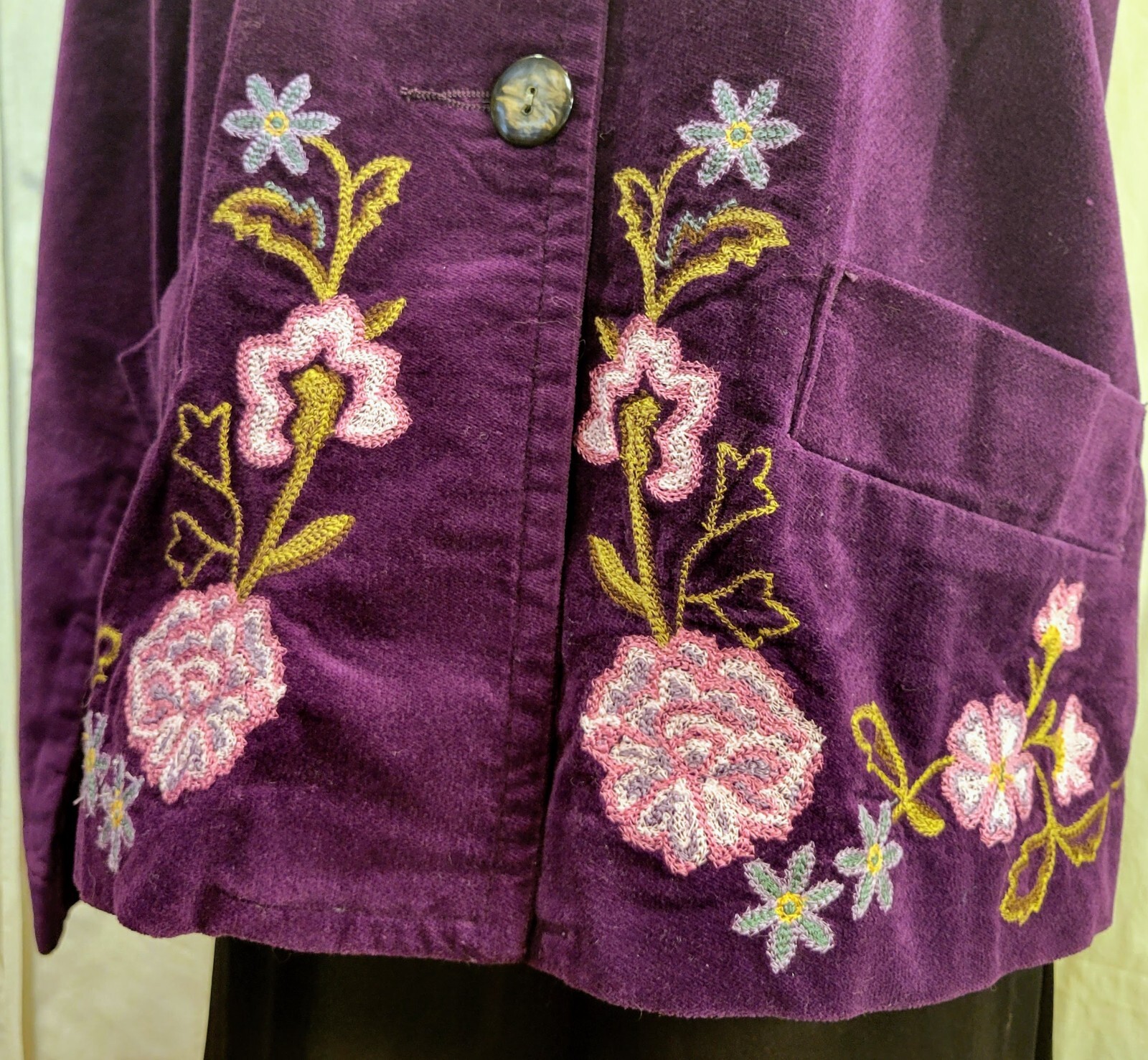 CHADWICKS EMBROIDERED FLORAL VELVET JACKET Plum Purple Velour GREEN ...