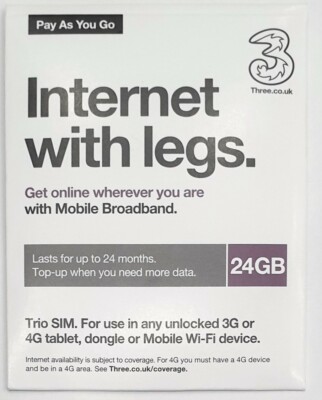 Three Mobile Broadband Sim Card with 24GB Data for use in iPad, Tablet ...