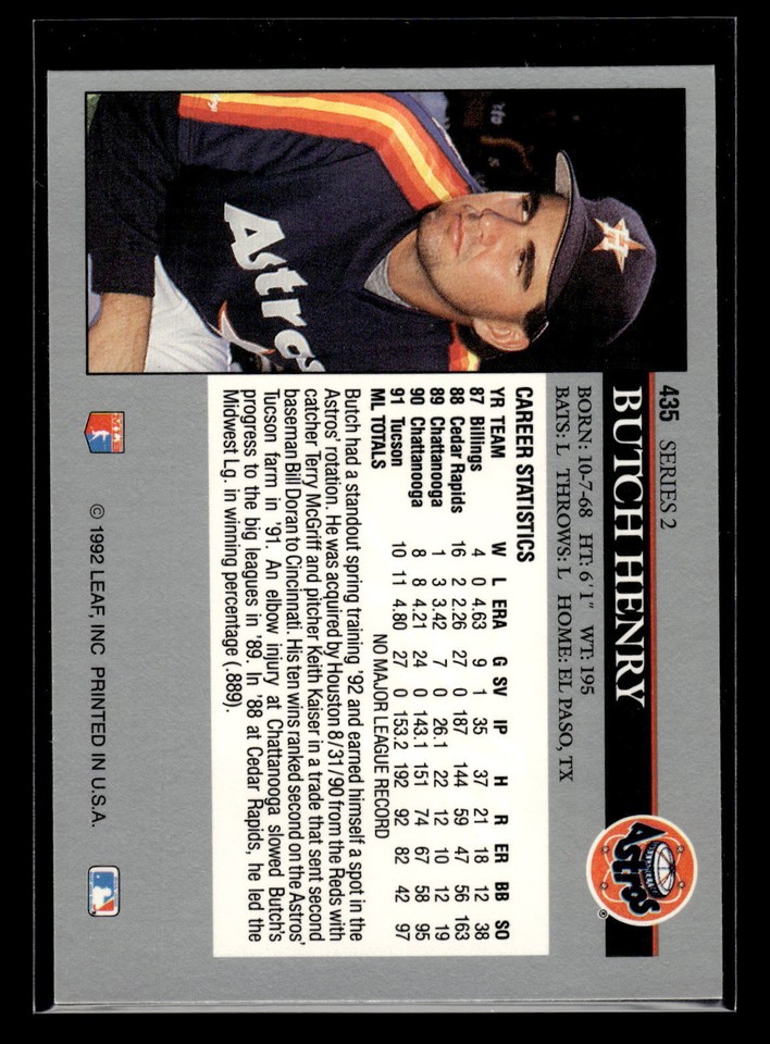 1992 Leaf #435 Butch Henry Rookie Houston Astros Pack Fresh Mint+ | eBay