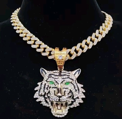 Iced Out 3D Tiger Pendant Cuban Chain Bling Necklace Hip Hop Jewelry | eBay