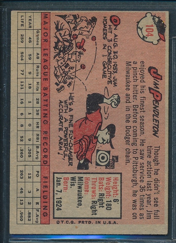 1958 Topps #104: JIM PENDLETON Pittsburgh Pirates ~ EX to EX-MT | eBay