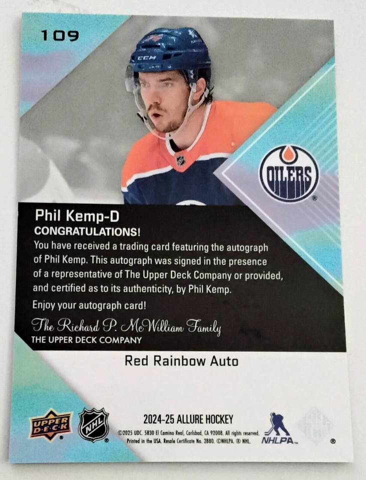 2024-25 PHIL KEMP Rookie Red Rainbow Auto Edmonton Oilers #109 UD ...