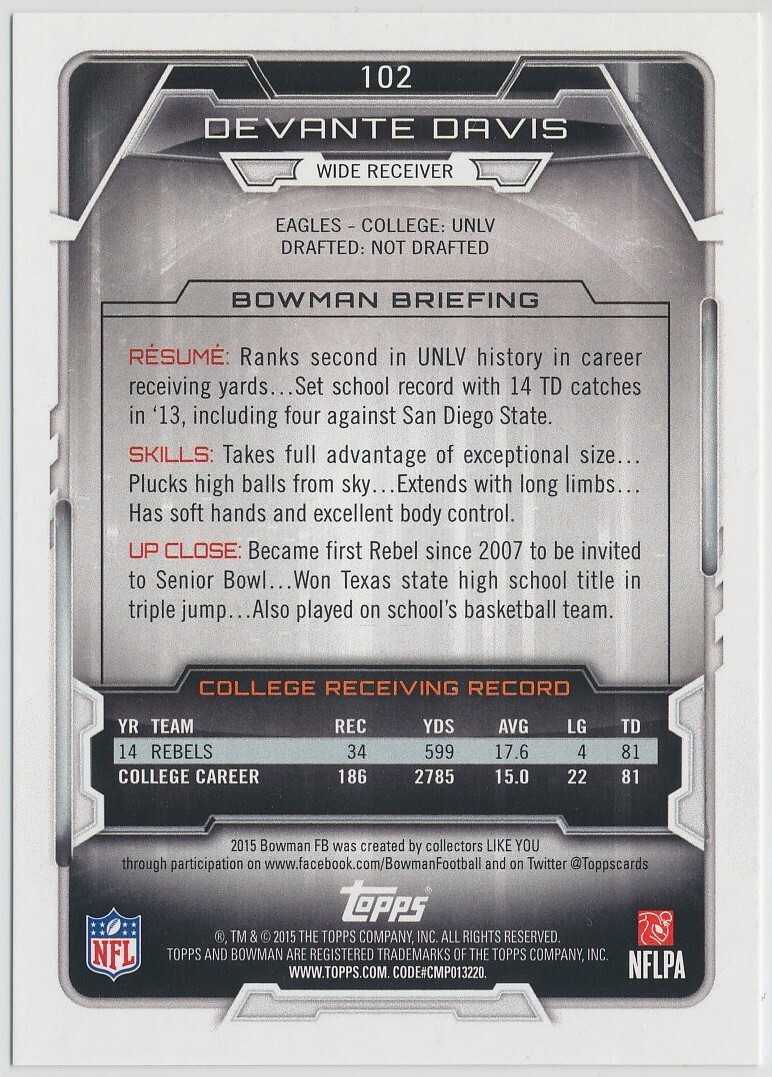 2015 Bowman Football Devante Davis #102 Philadelphia Eagles ROOKIE | eBay