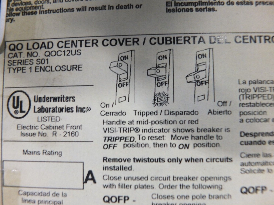 SQUARE D QO MAIN BREAKER LOAD CENTER - QOC12US - 100 A, 120/240 V, 12 ...