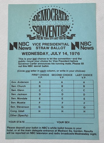 1976 Democratic Party Convention Vice President Straw Ballot NBC News ...