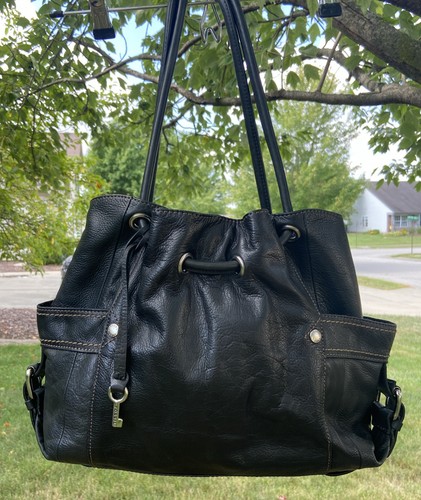 Fossil Vintage Drawstring Hobo Bag Black Leather Soft Slouchy Tote Side ...