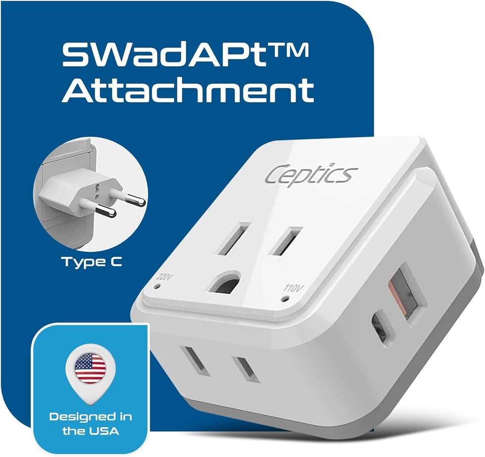 Ceptics Europe Travel Plug Adapter - Includes Type C Swadapt Attachment ...
