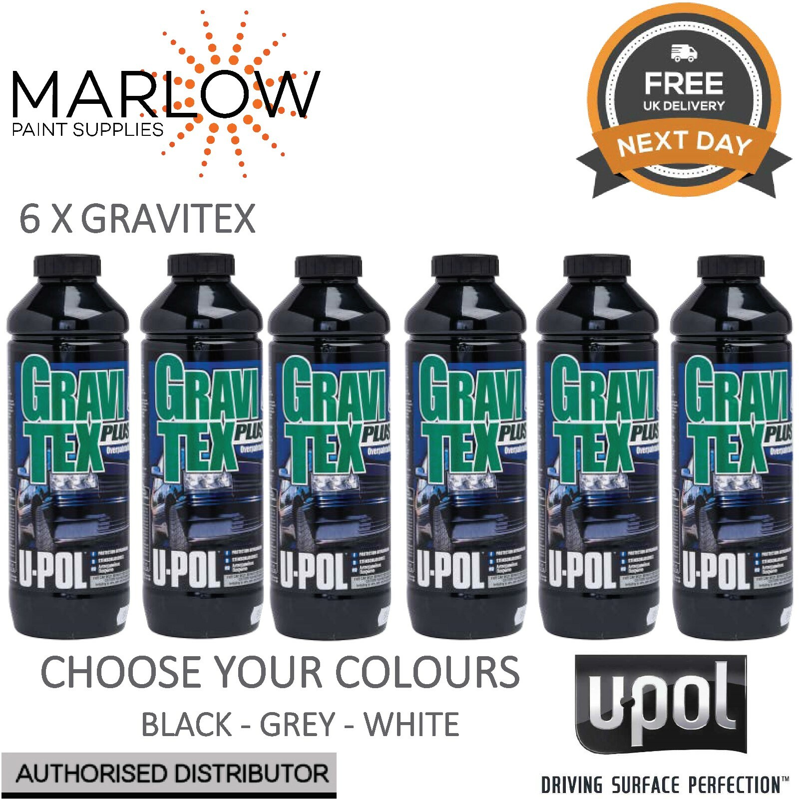 6 x U-POL Gravitex Plus HS Stone Chip Coating 1L - Any Color Mix ...