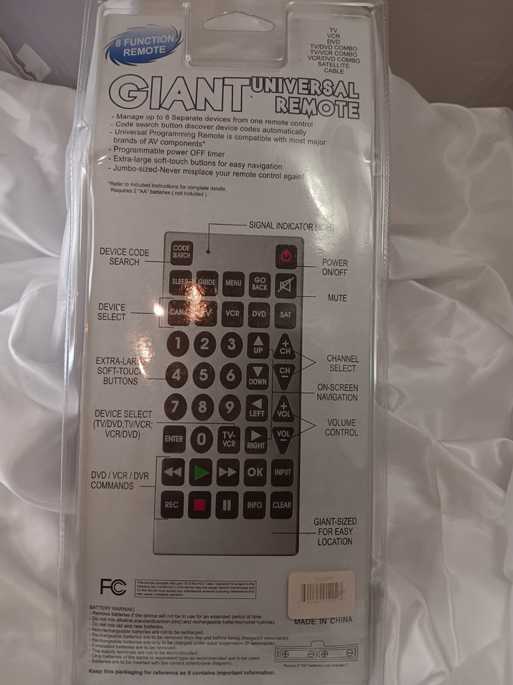 Giant Universal 8 Function Remote Control TV VCR SAT DVD CABLE w/ Big ...