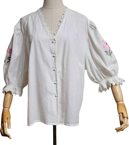 VTG 80's German White Cotton Blouse with Buttons, Puff Sleeve with ...