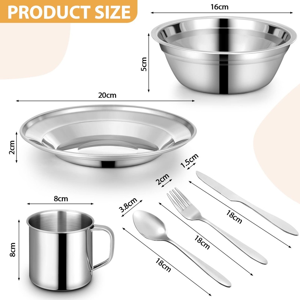 58 Pcs Camping Plates Cups and Bowls Set, Stainless Steel Dishes Mess ...